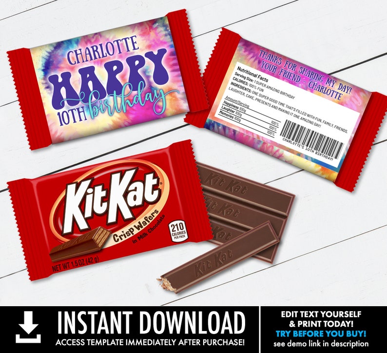 Tie Dye Candy Wrap/label Kit Kat Candy Bar Label/wrap Hippie | Etsy
