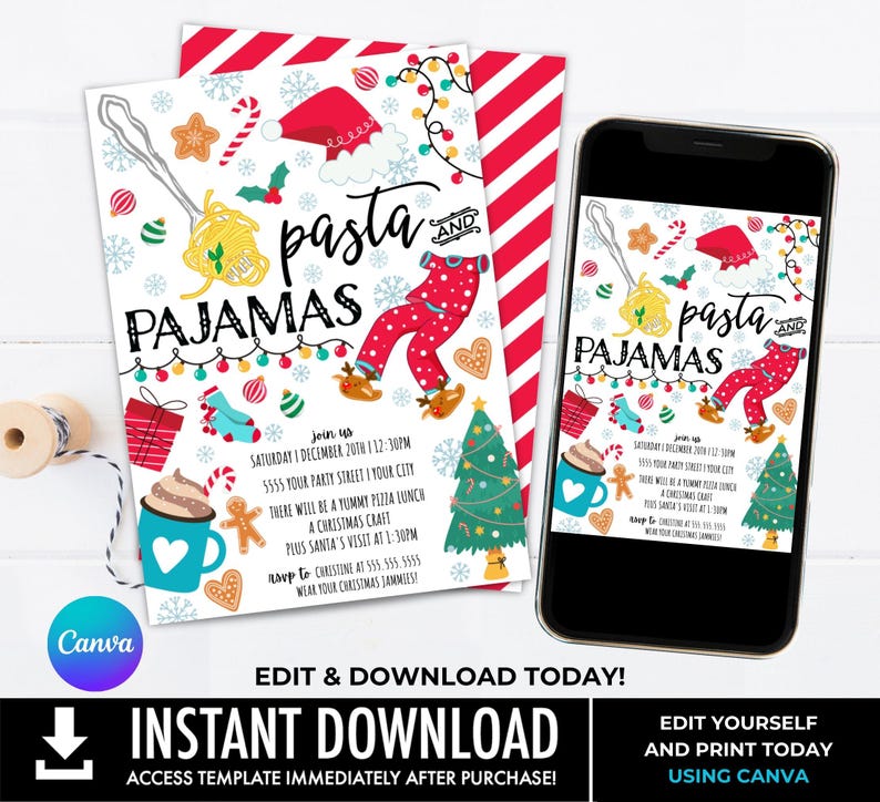 Pasta and Pajamas Birthday Invitation, Christmas Pasta & Pajama ...