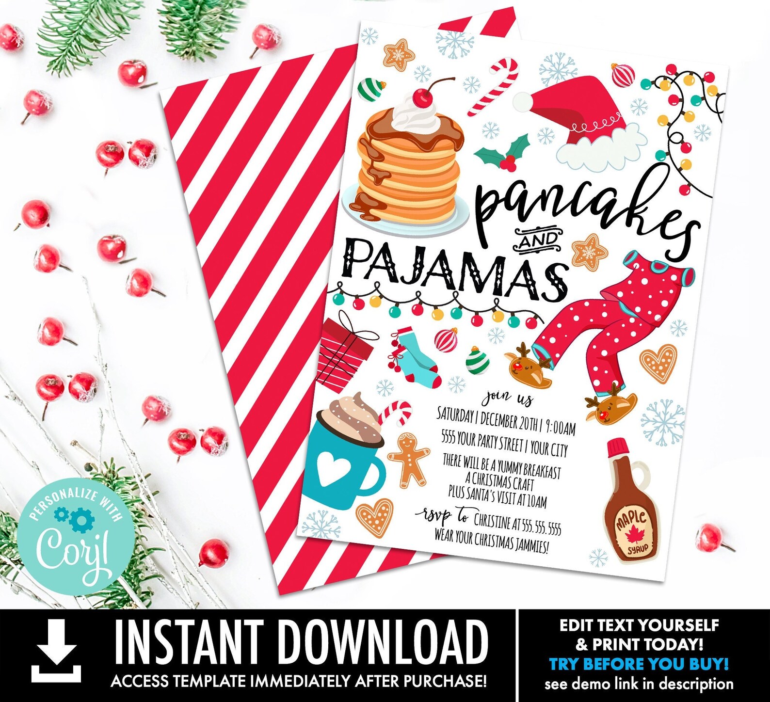 Pancakes And Pajamas Invitation Christmas Breakfast Party Etsy