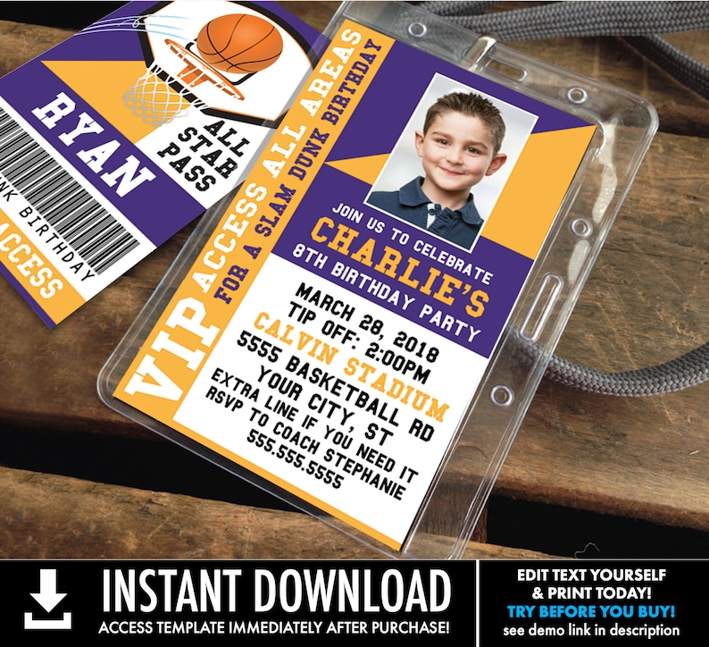 Basketball VIP ID Badge Invitation - Basketball Invite Badge, All Star ...