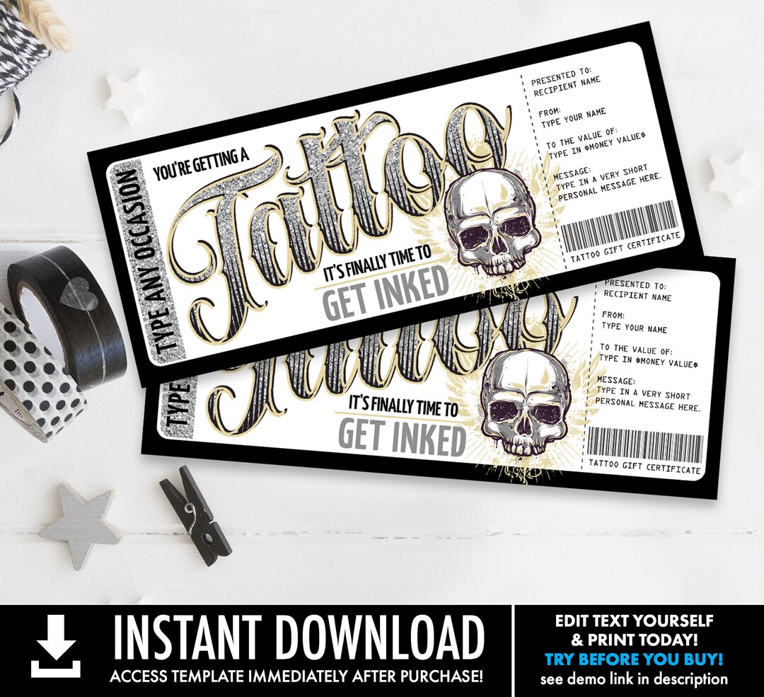 Tattoo Gift Certificate Skull Design Get Inked Gift Card Voucher Self ...