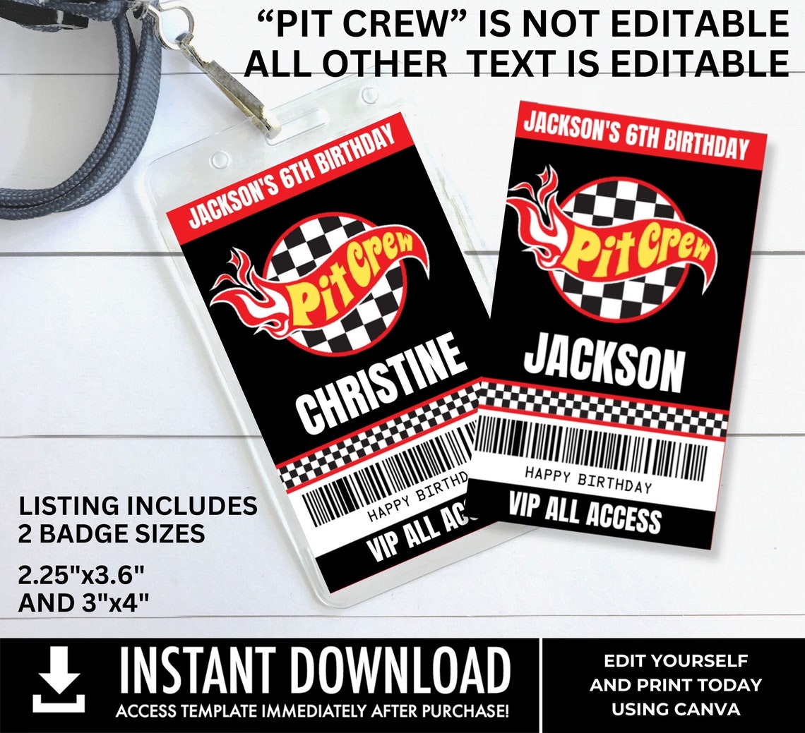 Pit Crew Badge,cars Birthday Party,vip All Access Badge,pit Crew ID ...