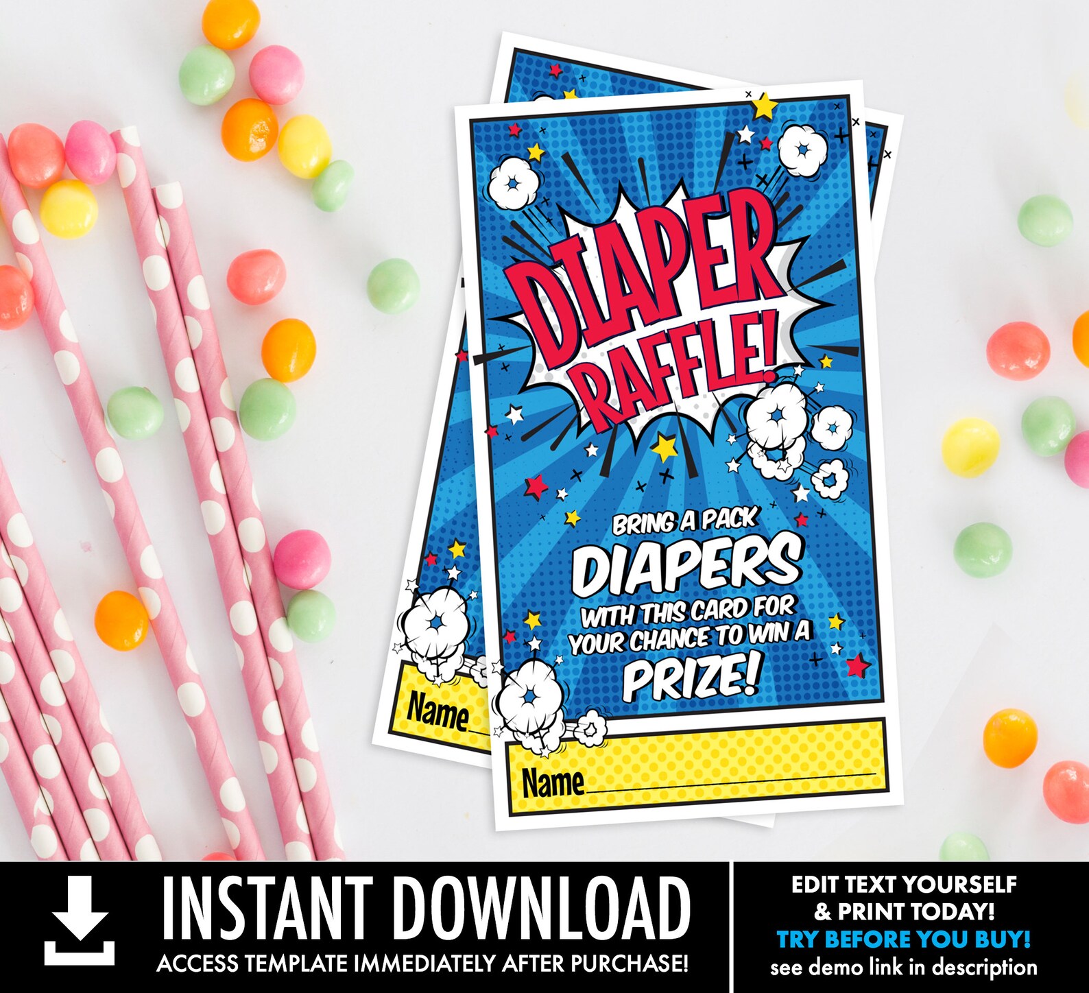Superhero Diaper Raffle SET - Sign & Cards, Baby Shower Set | Self-edit ...