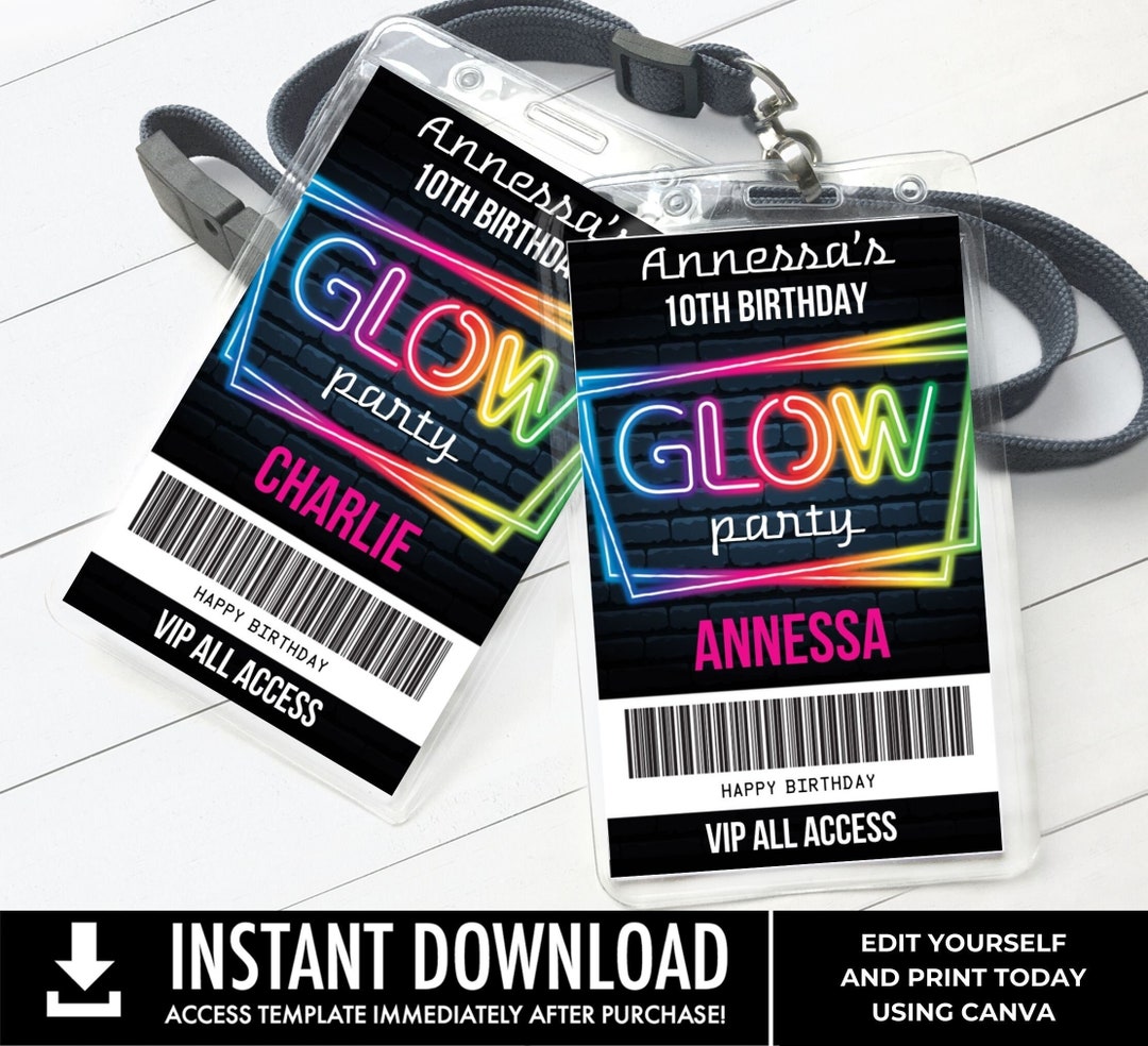 Neon Glow Party VIP Badge, Neon Glow Theme, Glow Party All Access Pass ...
