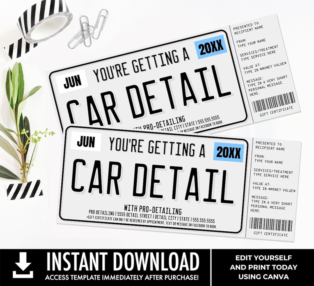 Car Detailing Gift Certificate,license Plate Car Detail Surprise Gift ...