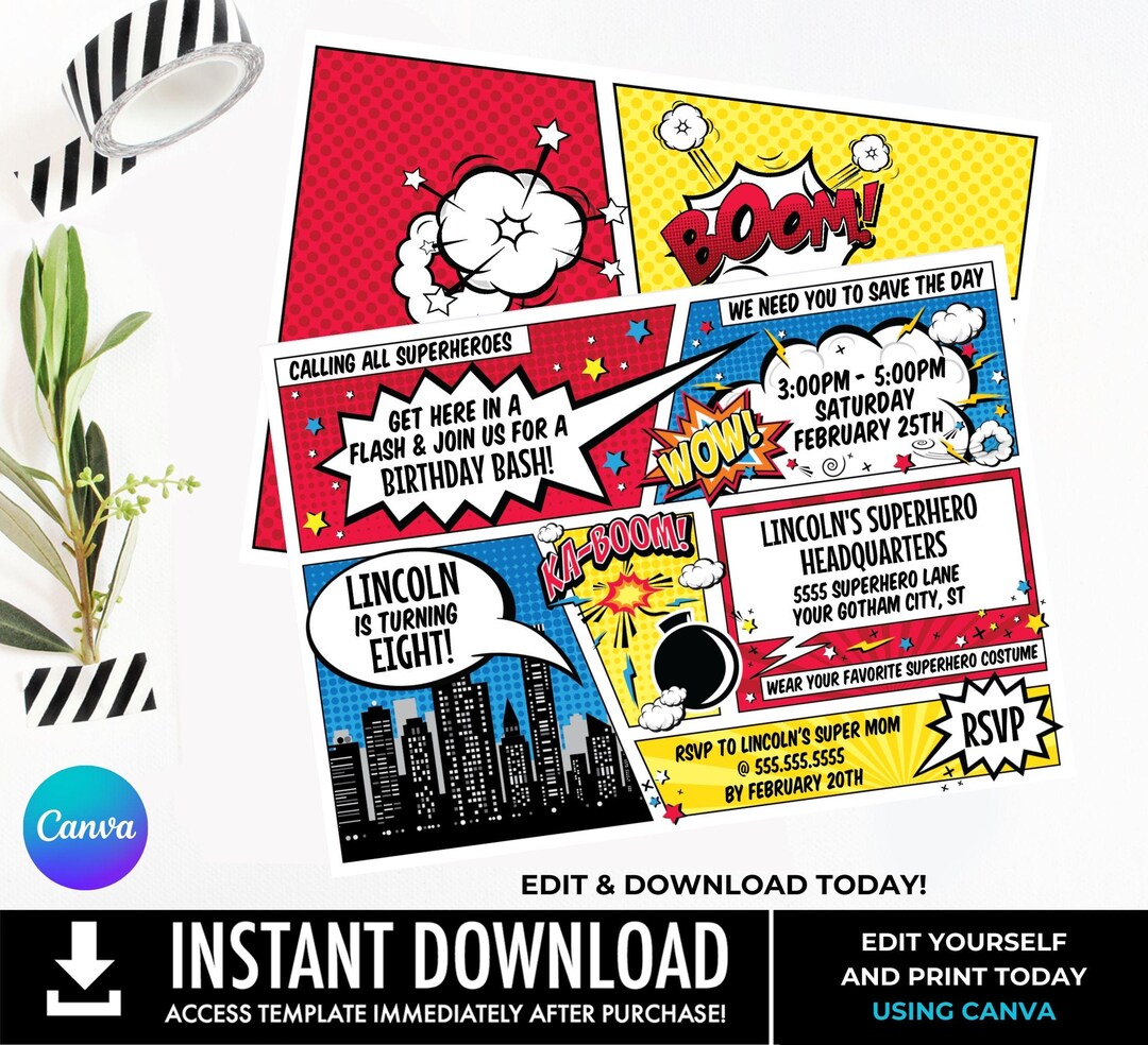 Superhero Invitation, Superhero Birthday Party, One-name Invite, Comic ...