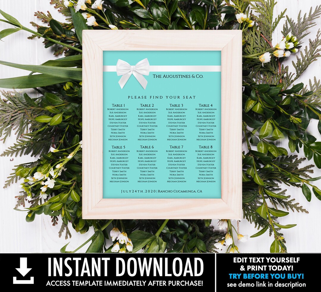 Seating Chart, Turquoise, 16x20 Table Seating Chart, Birthday or Shower ...