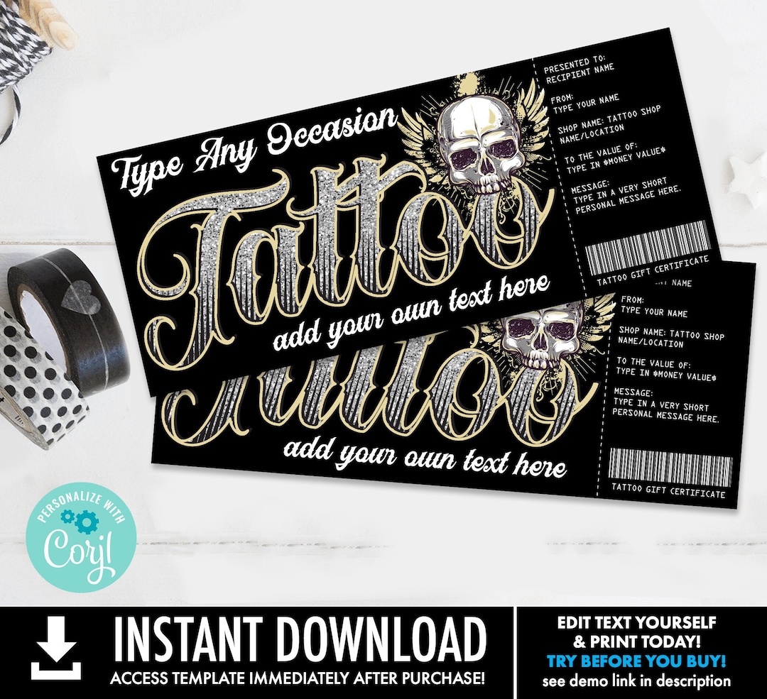 Tattoo Gift Certificate - Skull Design - Get Inked Gift Card Voucher ...