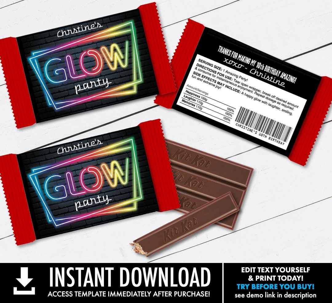 Neon Glow Party Wafer Chocolate Candy Bar Wrap/label, Neon Glow Theme ...