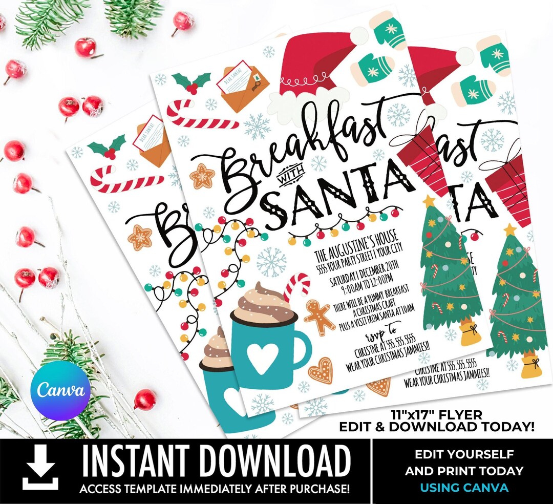 Breakfast With Santa 11x17 Flyer, Block Party Christmas Party, Brunch ...