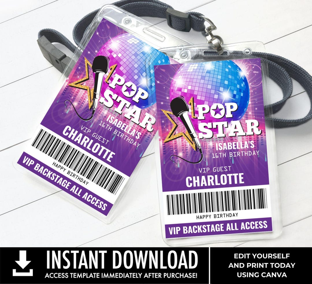 Pop Star Party VIP Badge, Party Like a Pop Star, Rock N Roll, Backstage ...
