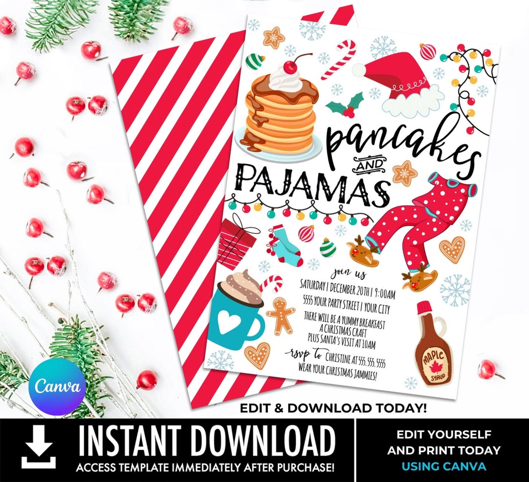 Pancakes and Pajamas Invitation, Christmas Breakfast Party, Breakfast ...