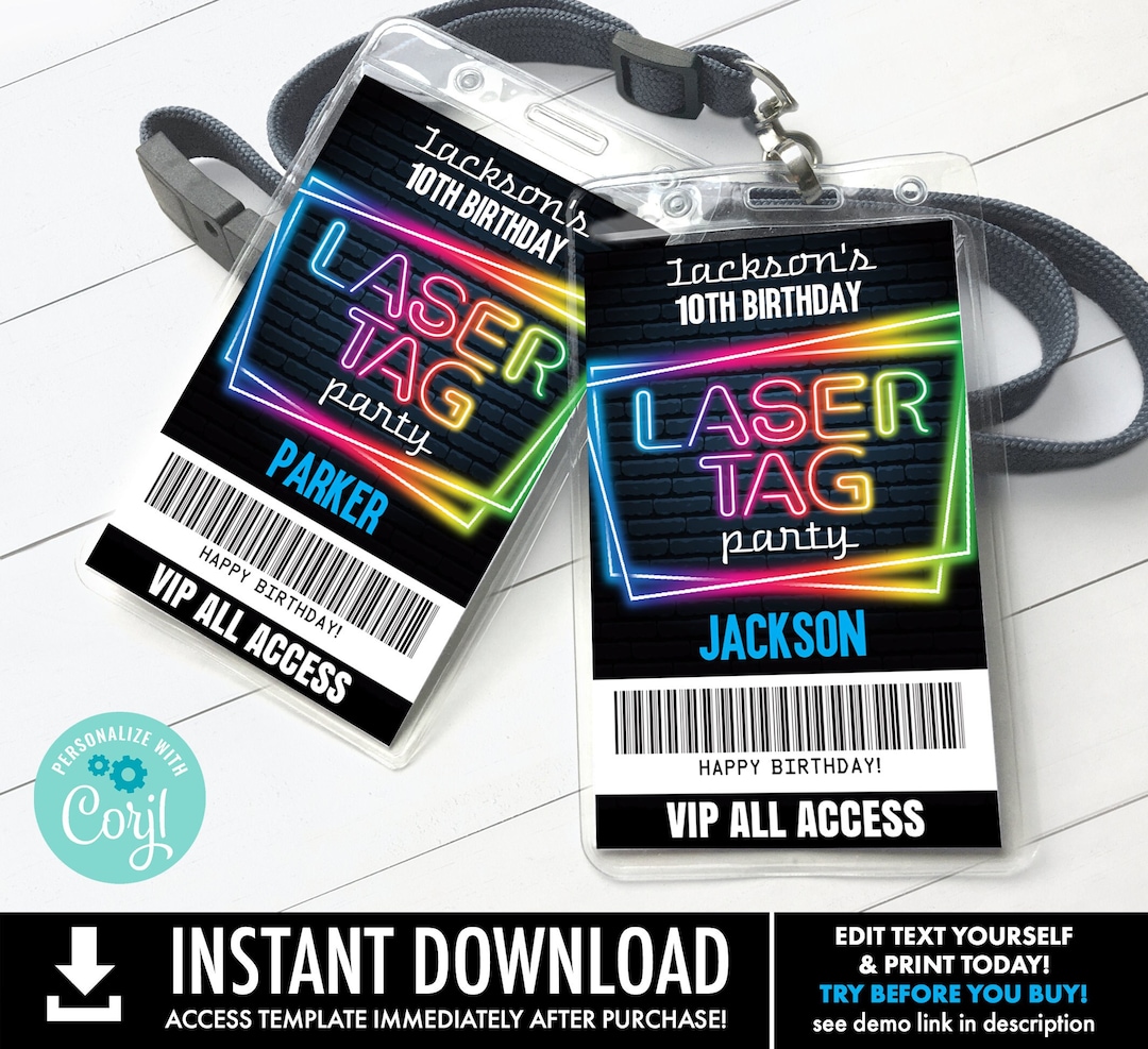 Laser Tag Glow Party VIP Invite Badge,i.d. Badge,laser Tag All Access ...