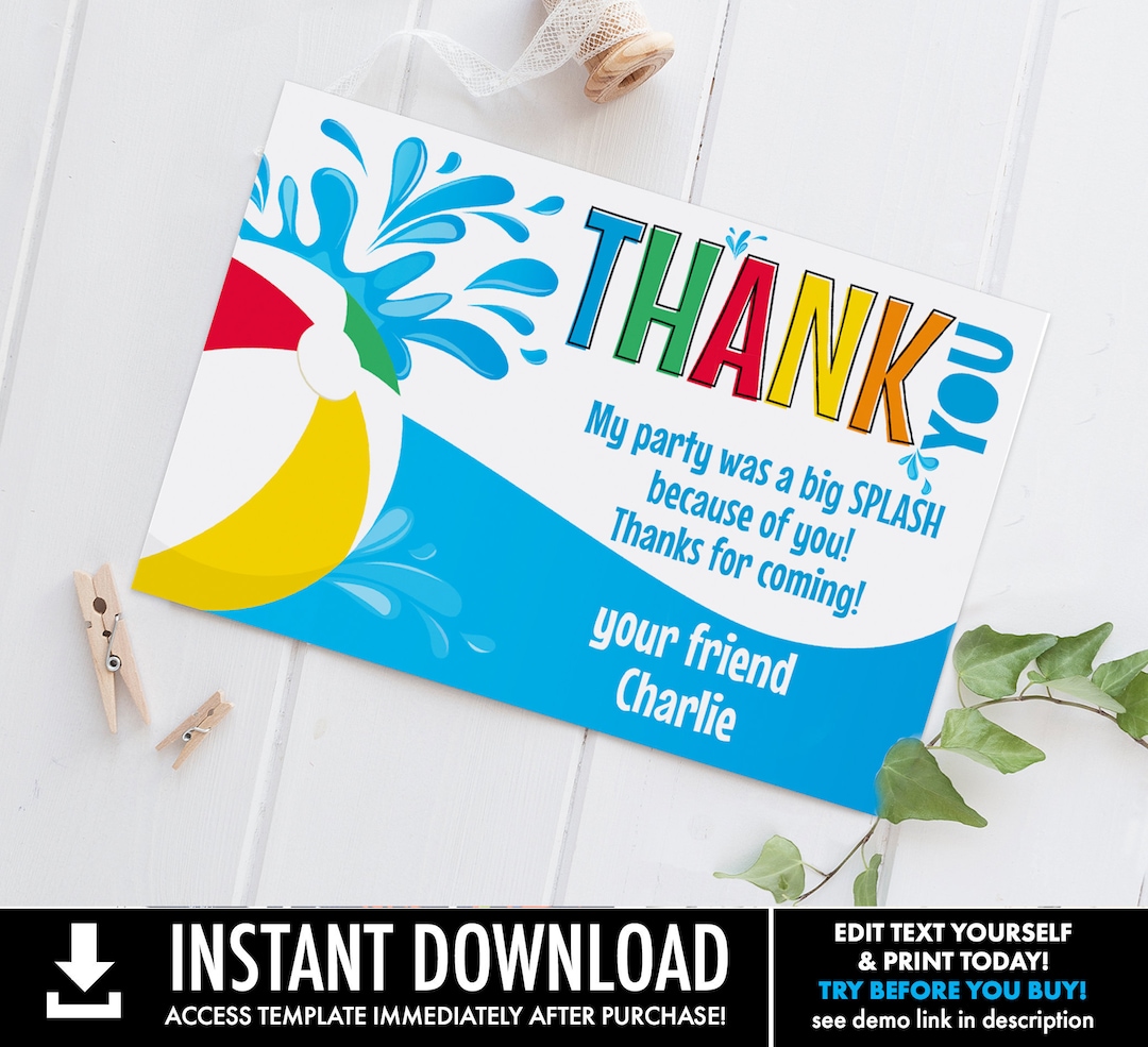 Pool Party Thank You Card - 6"x4" Thank You Note, Birthday Party ...