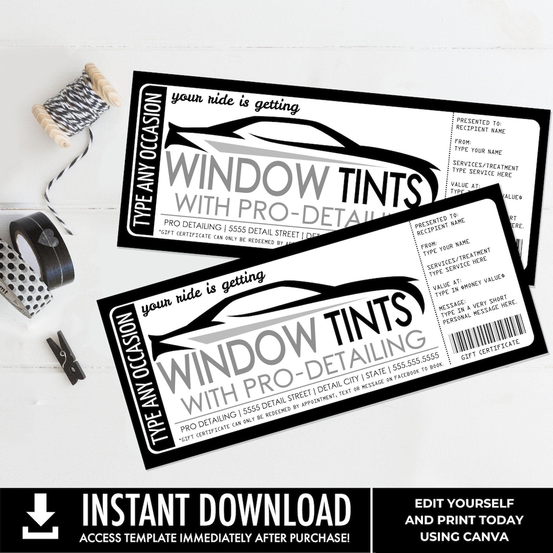 Car Window Tinting Gift Certificate, Window Tints Voucher, Surprise ...