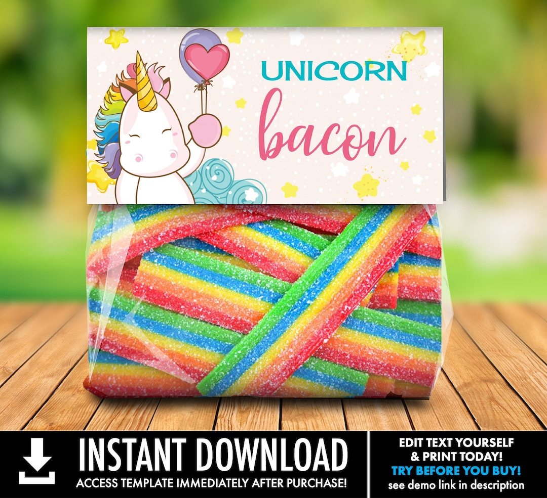 Unicorn Bacon Treat Bag Topper -unicorn Birthday, Rainbow Birthday ...