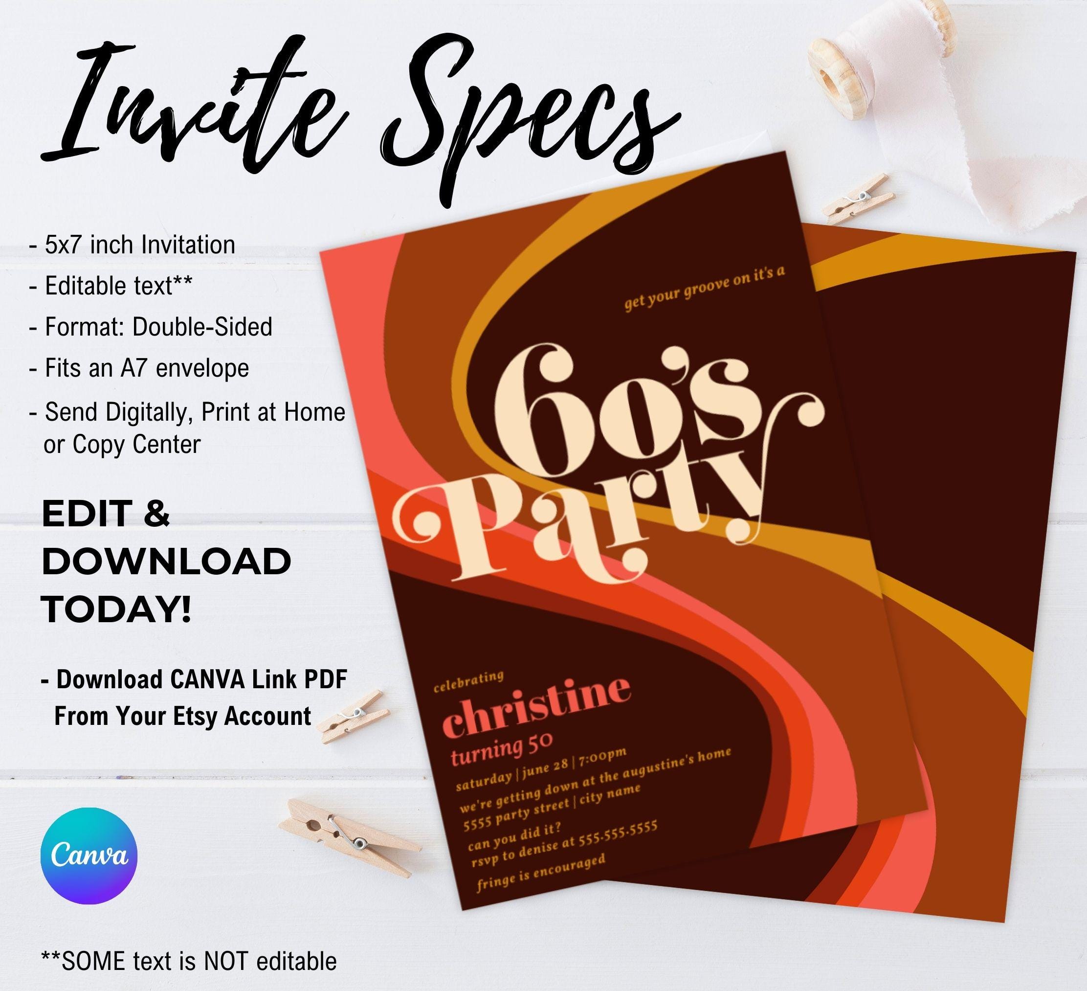 Editable 60s Get Your Groove on Invite, Retro 60's Let's Get Groovy ...