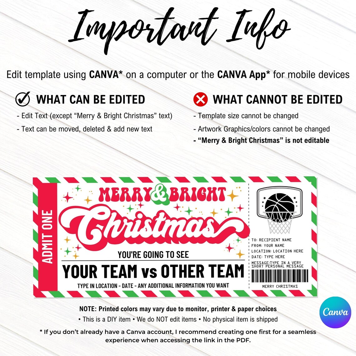 Christmas Basketball Ticket Gift Certificate, Gift Voucher, Merry ...