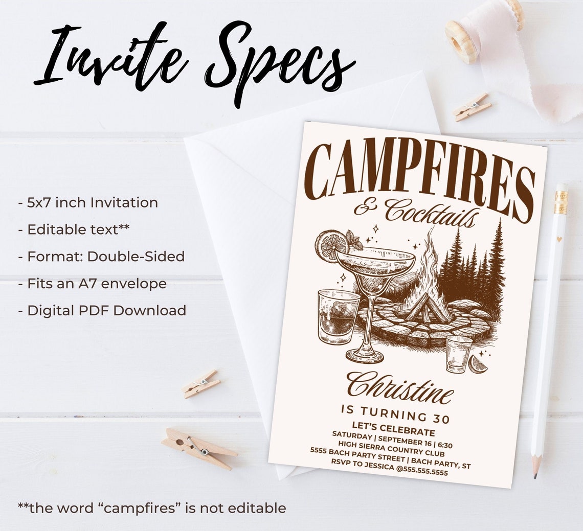 Campfires & Cocktails Birthday Invitation, Bonfires and Booze Invite ...