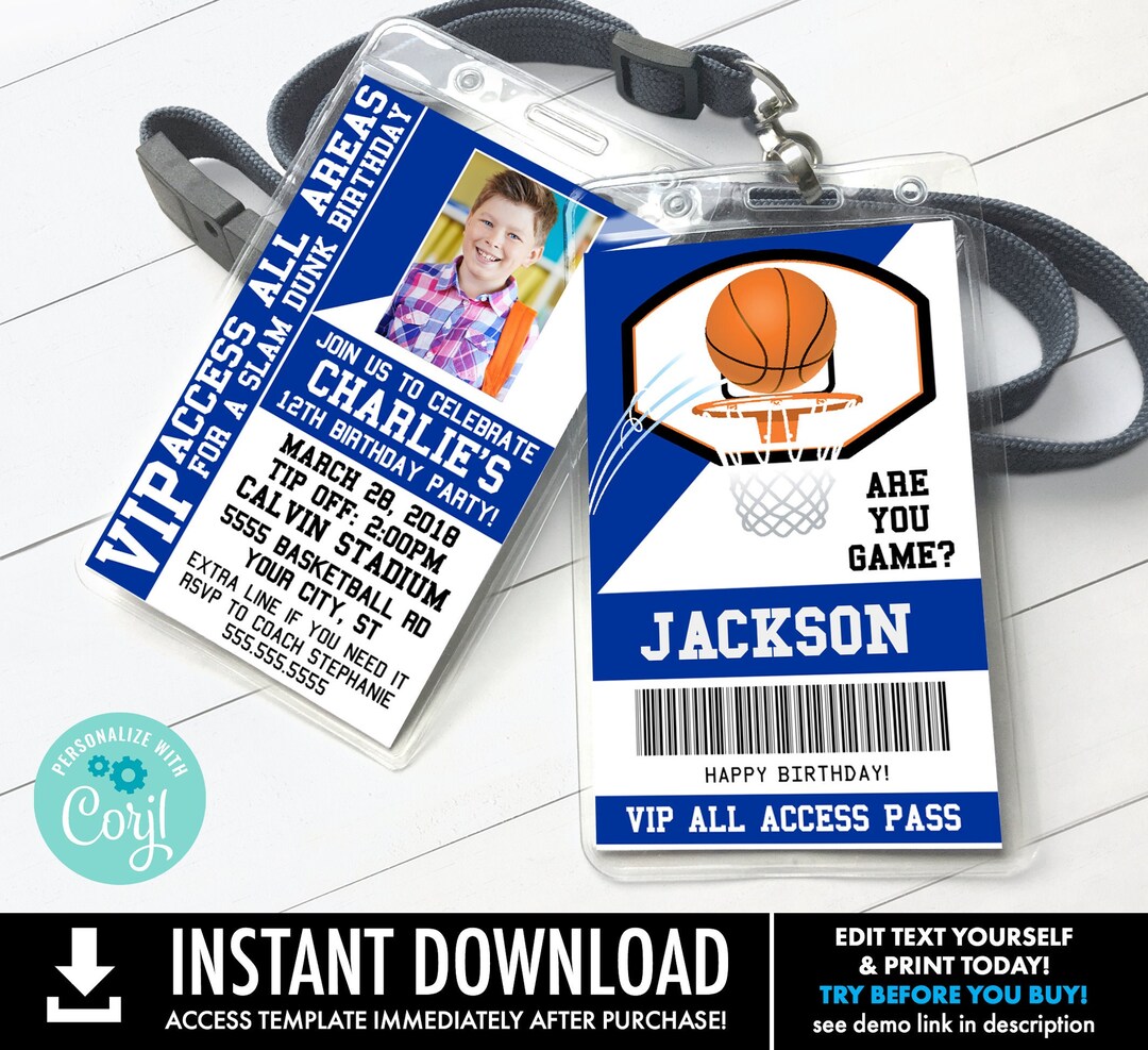 Basketball VIP ID Badge Invitation - Basketball Invite Badge, All Star ...