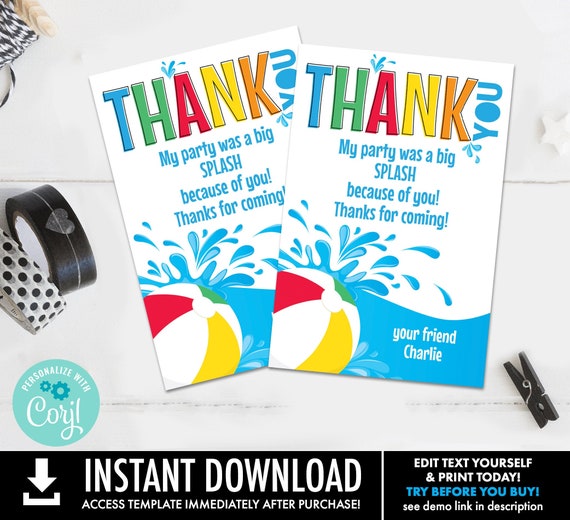 Pool Party Thank You Card - 4"x6" Thank You Note, Birthday Party ...
