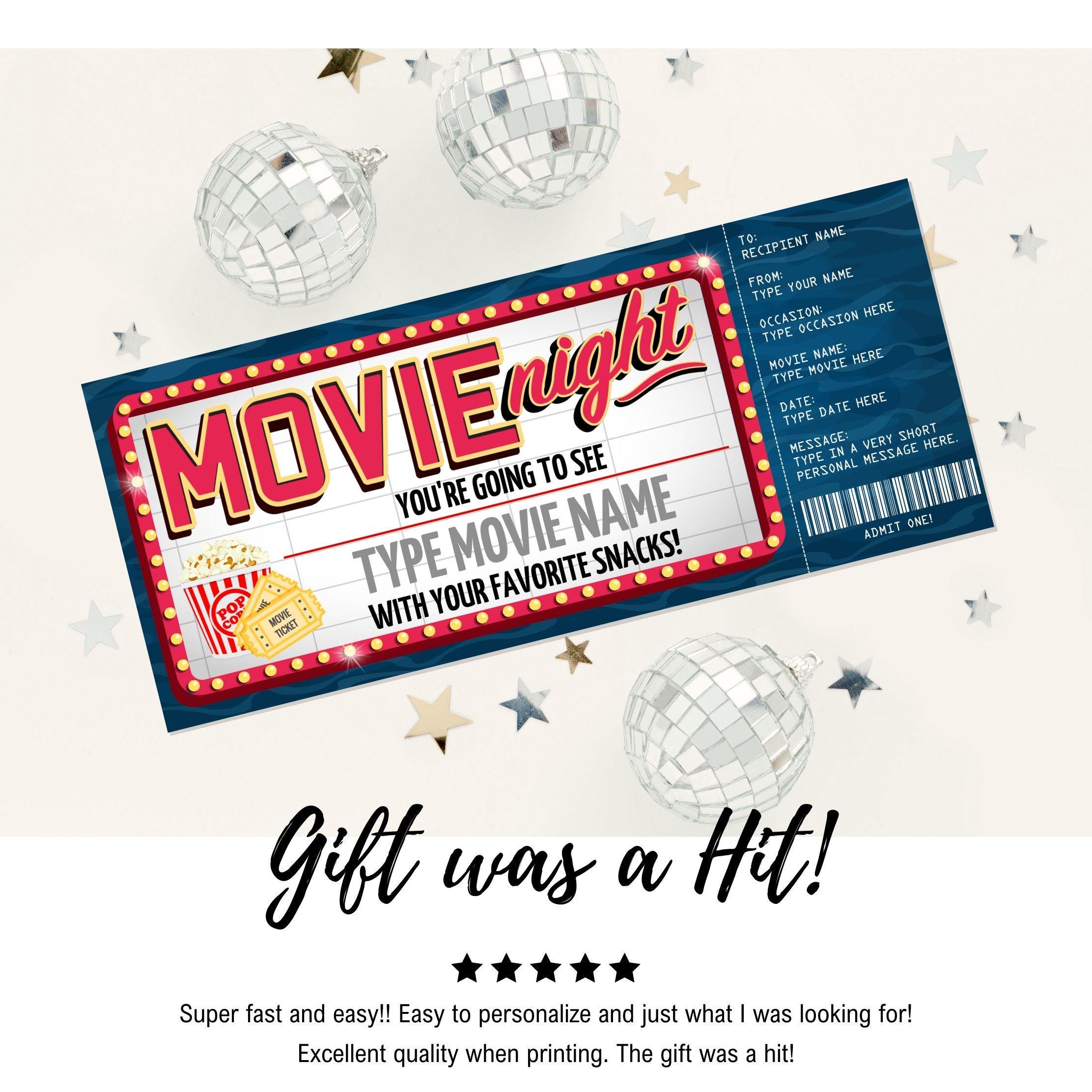 Movie Night Ticket Gift Certificate, Movie Ticket, Movie Marquee ...