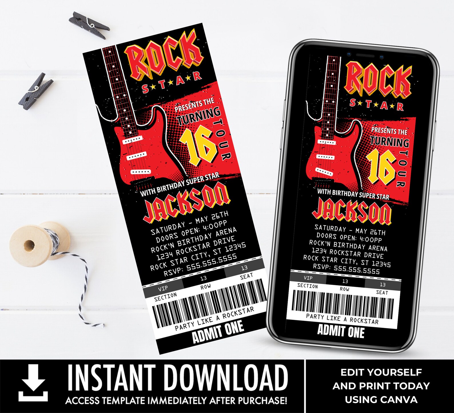 Rockstar Party Ticket Invitations, Party Like a Rockstar, Rock N Roll ...