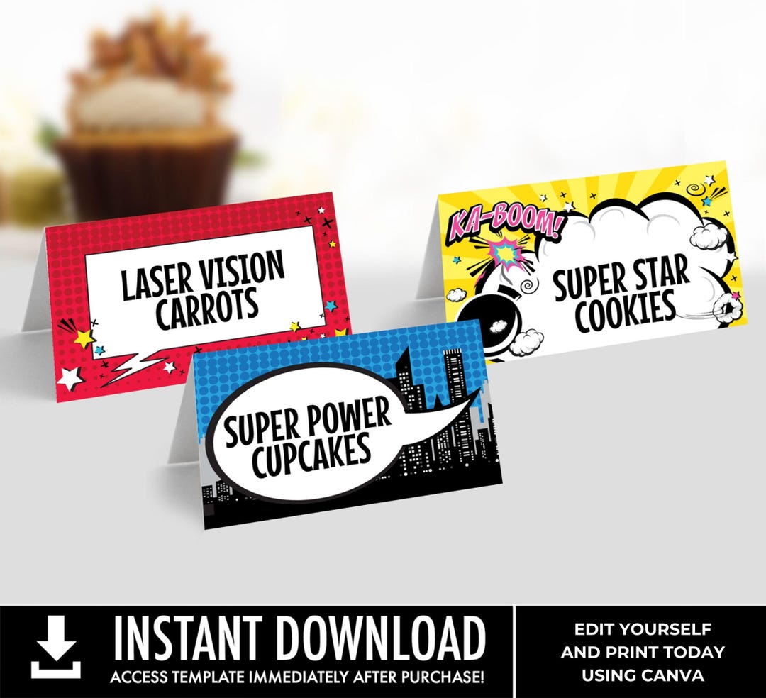 Superhero Food Labels, Superhero Party, Table Tent, Place Card, Buffet ...