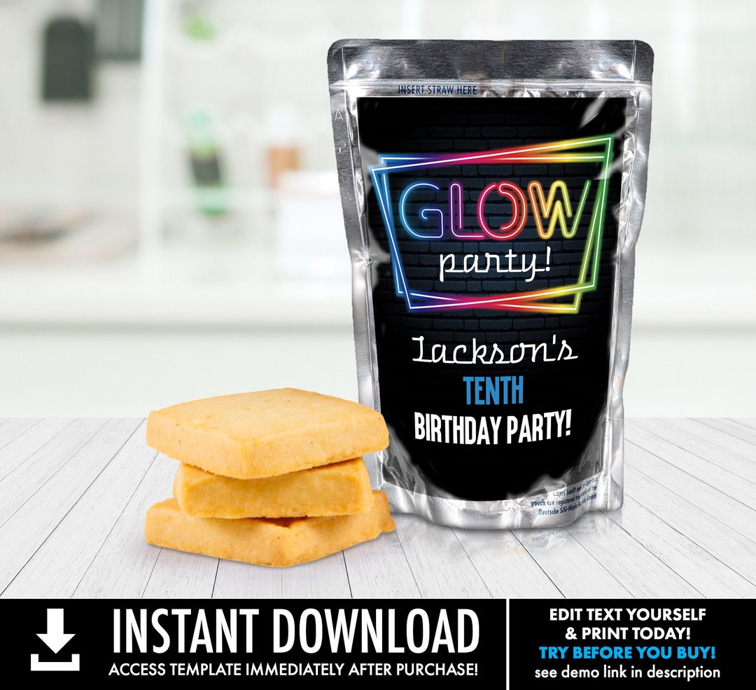Neon Glow Party Capri Sun Label, Juice Pouch Labels, Glow Birthday ...