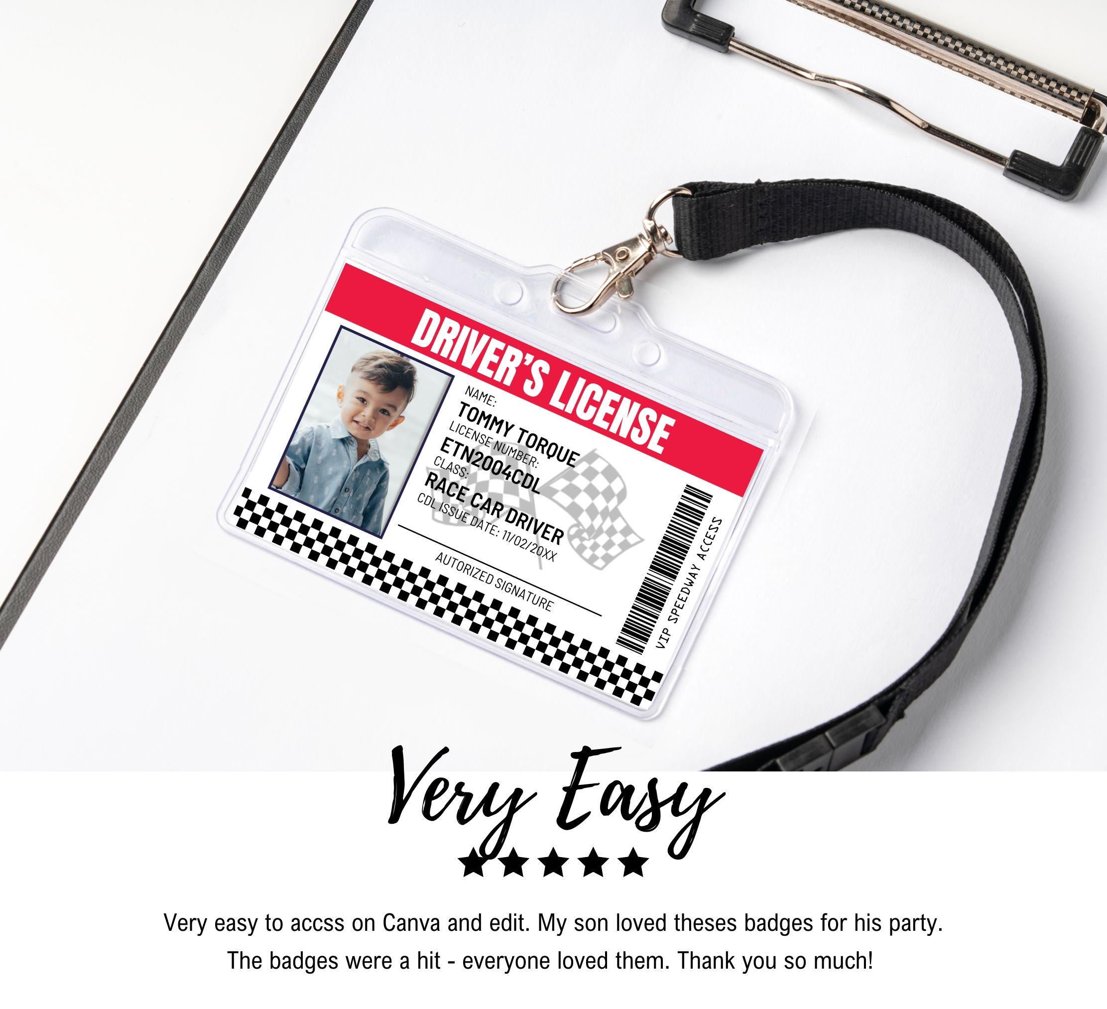 Race Car Driver's License - ID Badge, Cars Birthday, License ID, Red ...