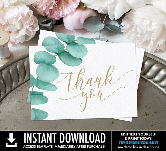Eucalyptus Wedding Thank You Card Template, Greenery Folded Thank You ...