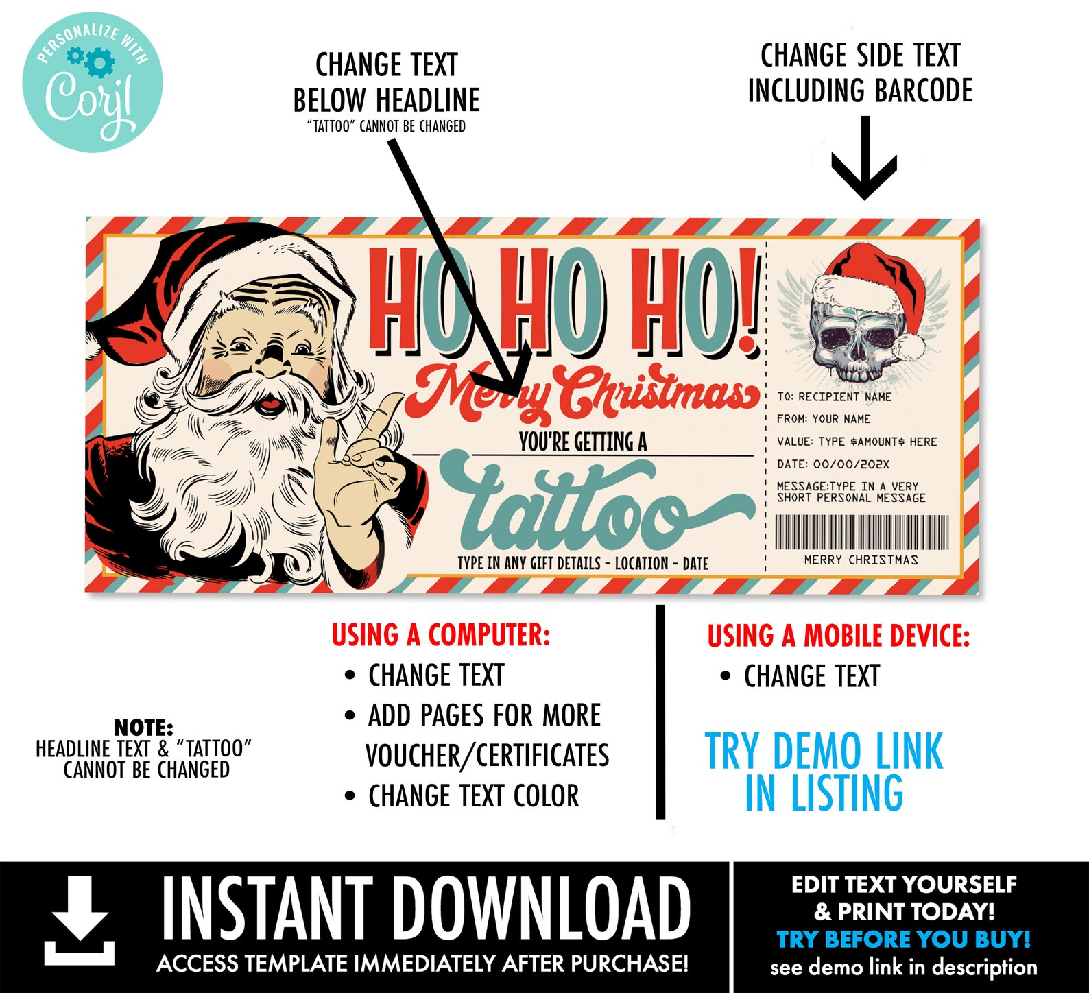 Christmas Tattoo Gift Certificate,time to Get Inked Gift Voucher,skull ...