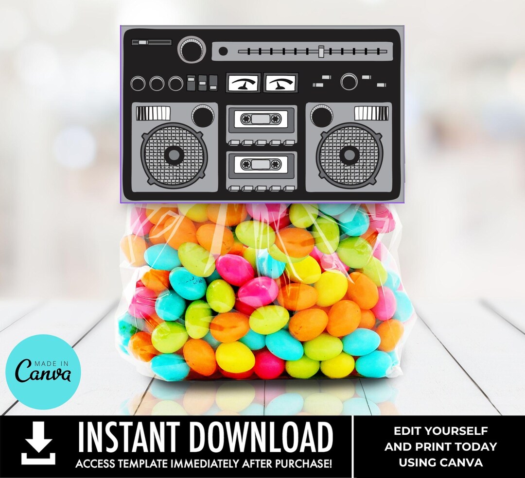 Boom Box Tape 4" Treat Bag Topper - Retro Party Favor, 70' & 80's Party ...