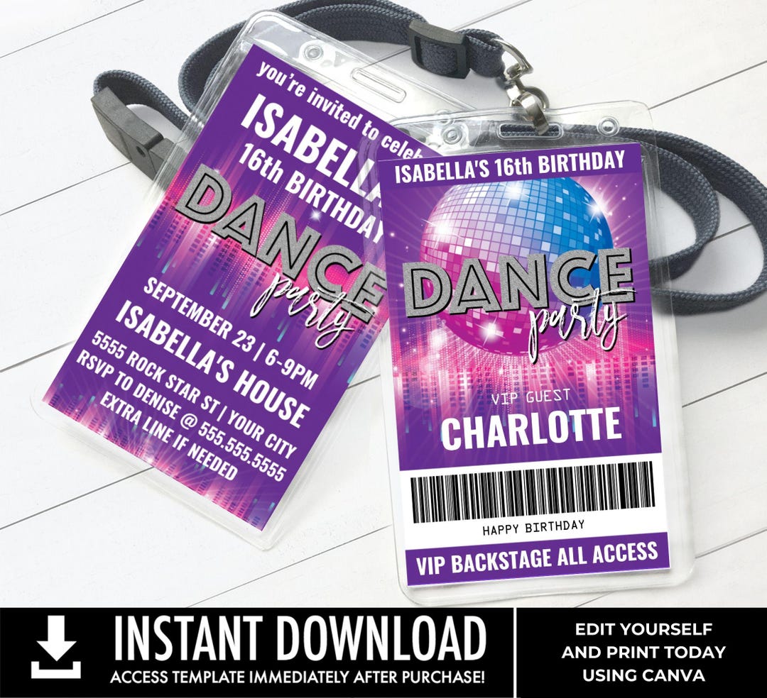 Dance Party VIP Badge Invitation, Disco Dance Party, Rock N Roll Party ...