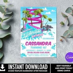 Waterslide Party Invitation - Waterpark Invite, Water Park Party, Pool ...