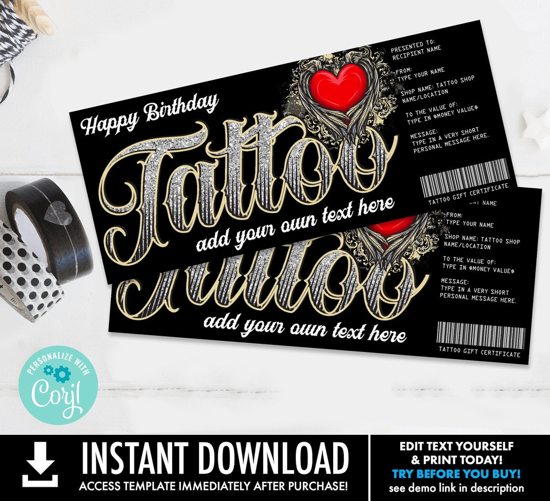 Tattoo Gift Certificate - Heart Design - Get Inked Gift Card Voucher ...