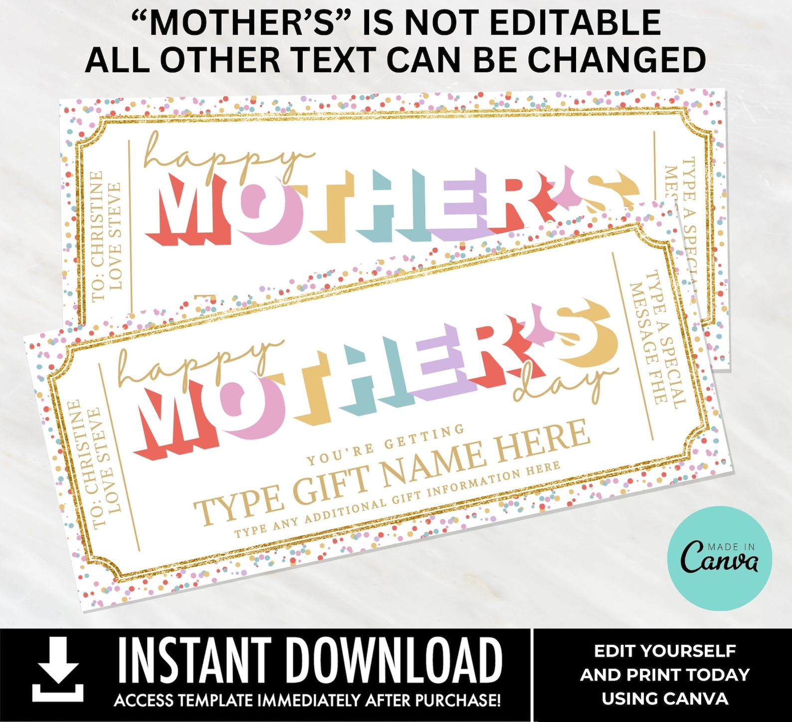 Mother's Day Editable Golden Ticket Template, Any Type Gift Certificate ...