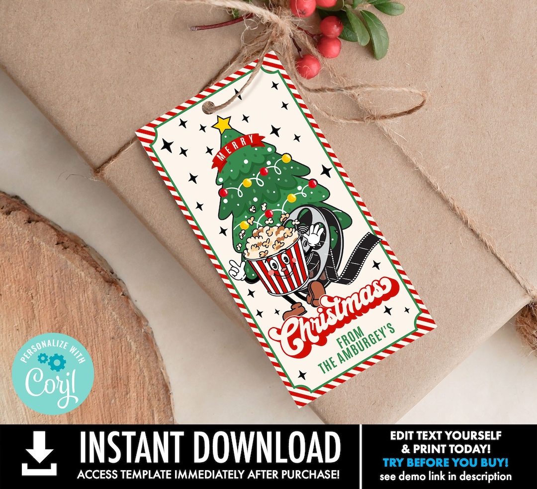 Christmas Movie Night Gift Tag, Retro Christmas Movie Night Tag,holiday ...