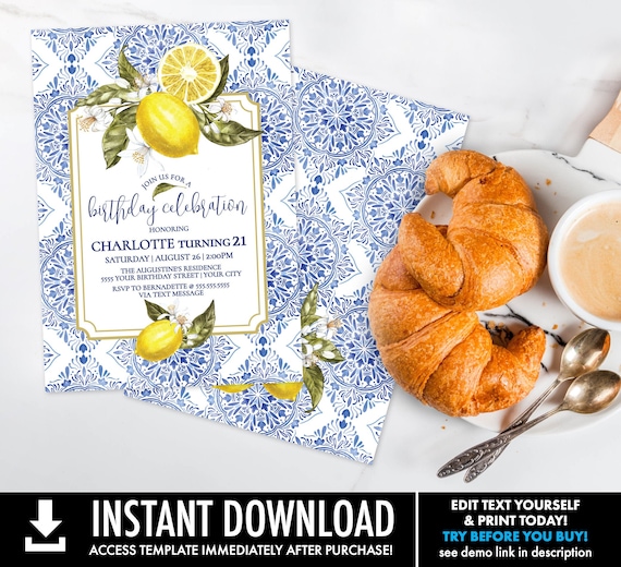 Tuscan Lemon Invitation - Lemon & Blue Tile Invite, Birthday Party ...