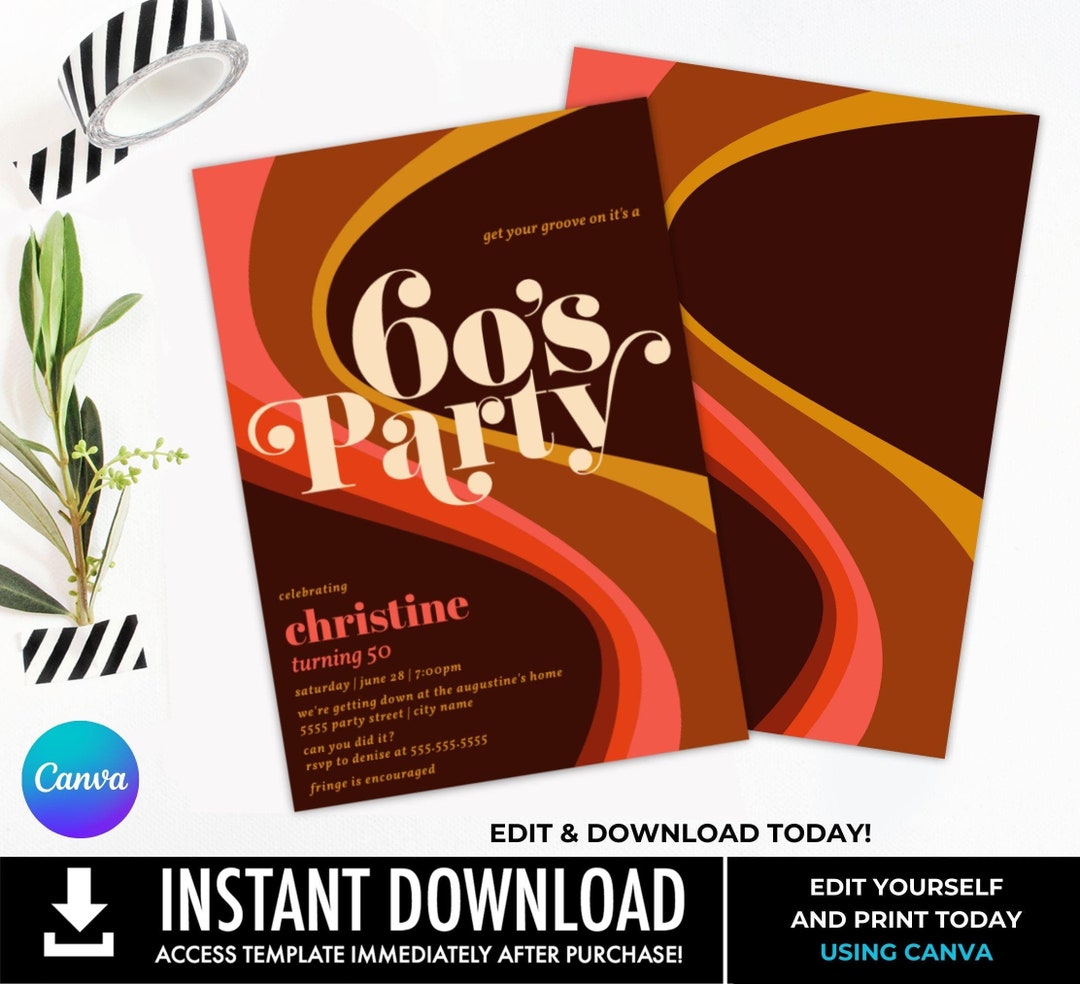 Editable 60s Get Your Groove on Invite, Retro 60's Let's Get Groovy ...