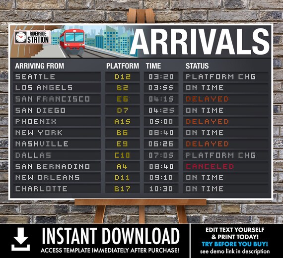Train Party Poster - 24"X36" Arrivals Sign, Train Terminal Sign, Train ...