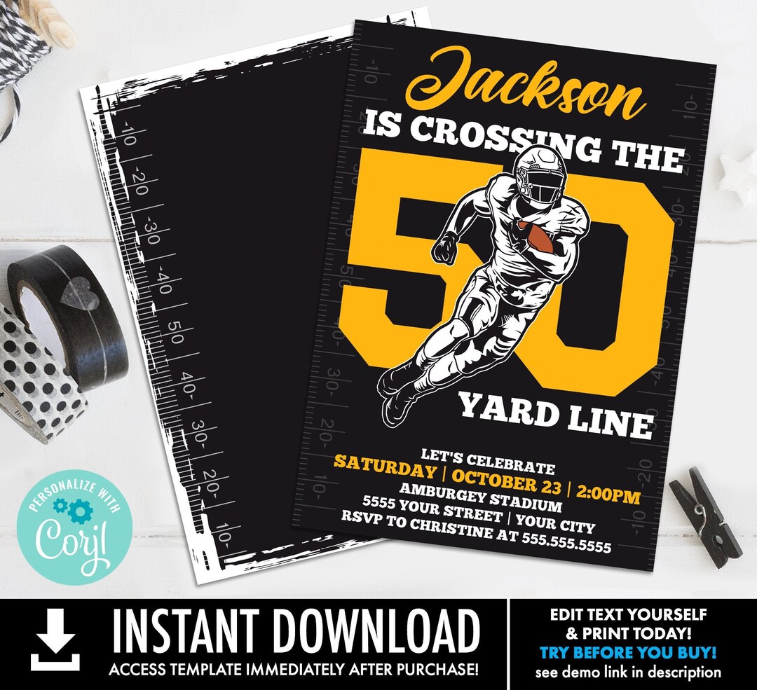 50th Football Party Invitation - Crossing the 50 Yard Line,50th ...