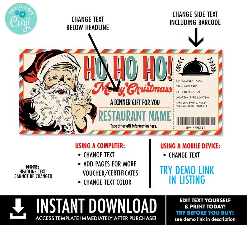 Santa Restaurant Gift Voucher Dinner Gift Certificate Office - Etsy