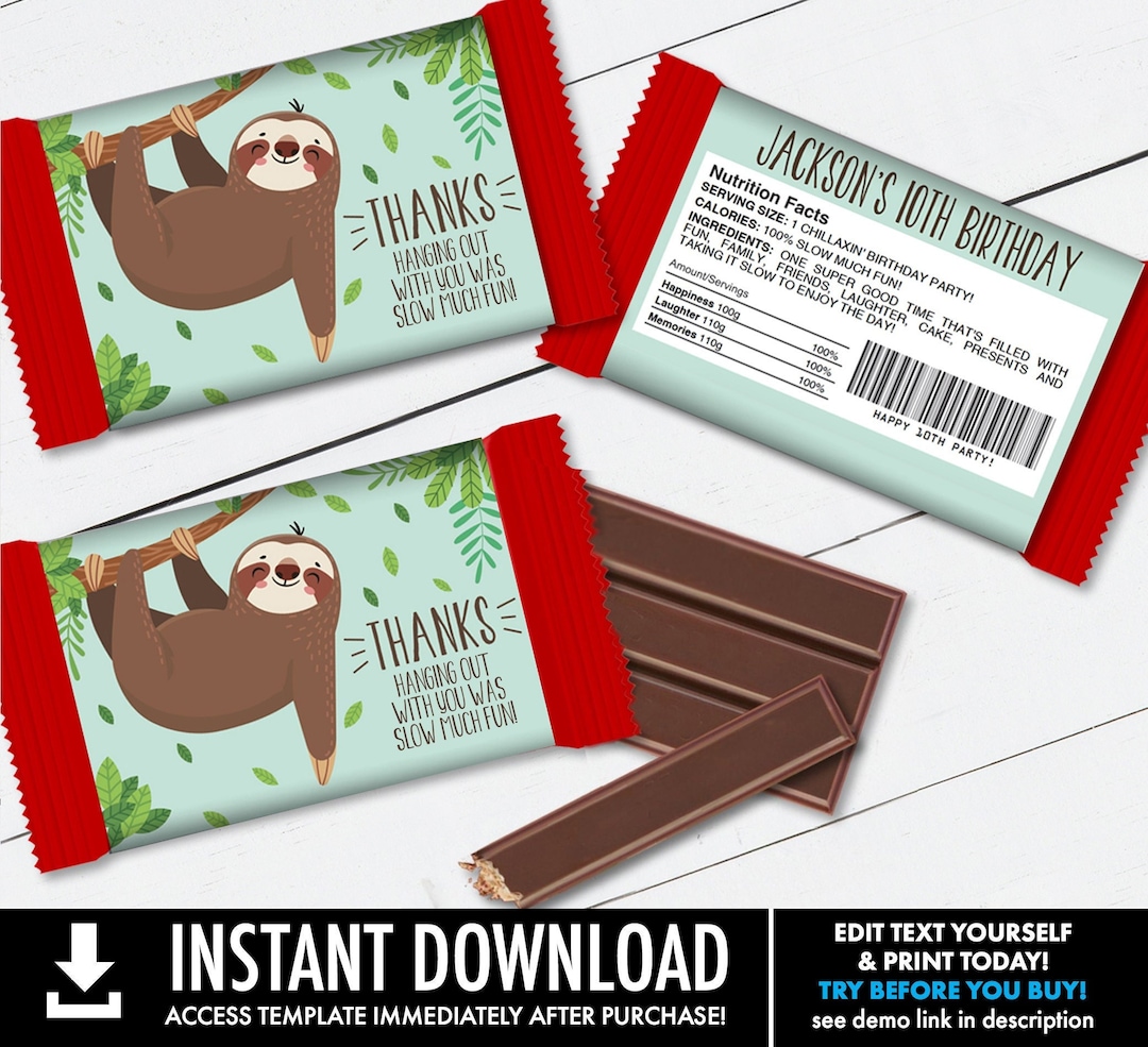 Sloth Wafer Chocolate Candy Bar Label/wrapper - Party Favor, Sloth ...