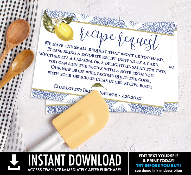 Recipe Card Recipe Request & Sign 3-piece Set-tuscan Lemon | Etsy