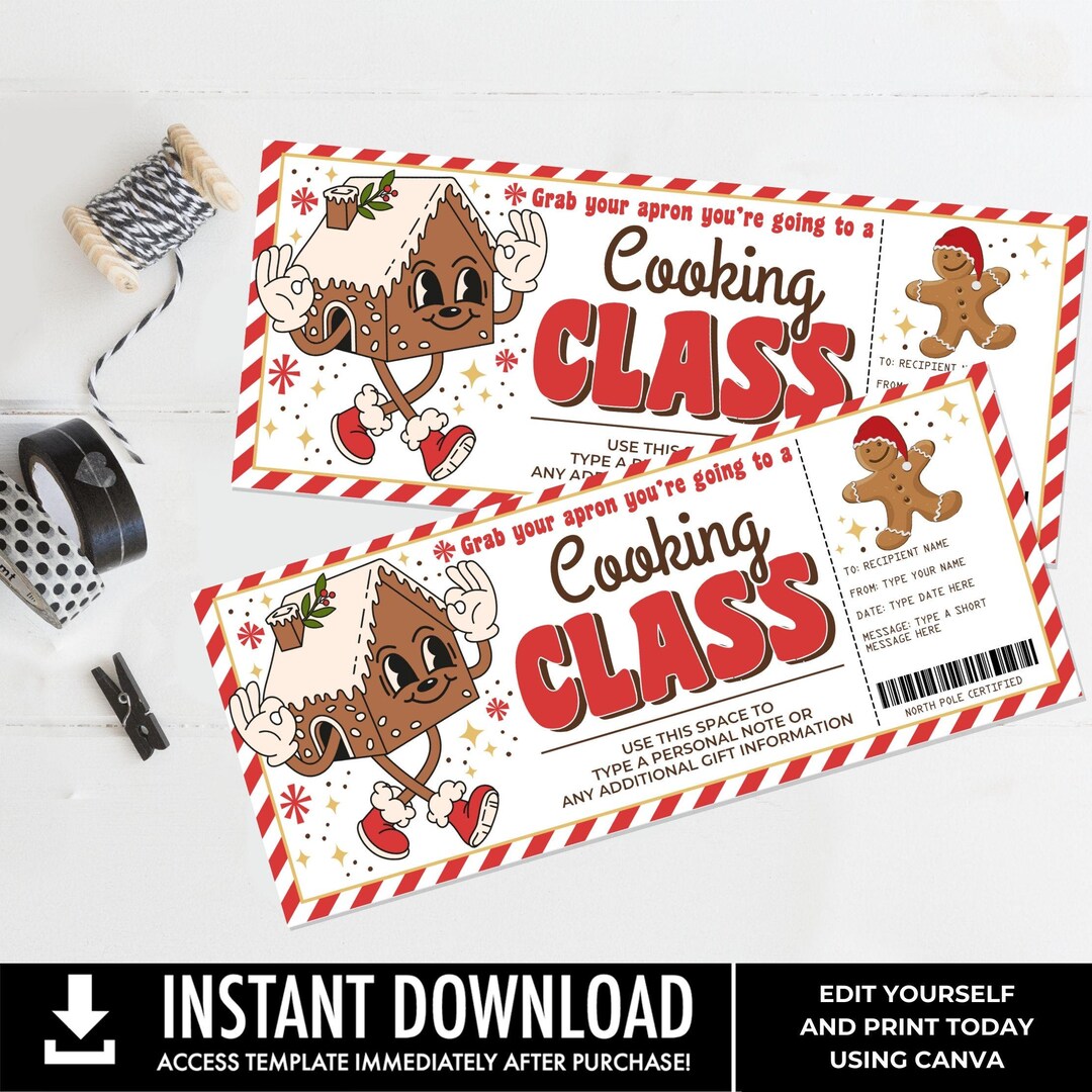 Cooking Class Gift Coupon, Printable Gift Voucher Template, Last Minute Gift, Family, Friend ...