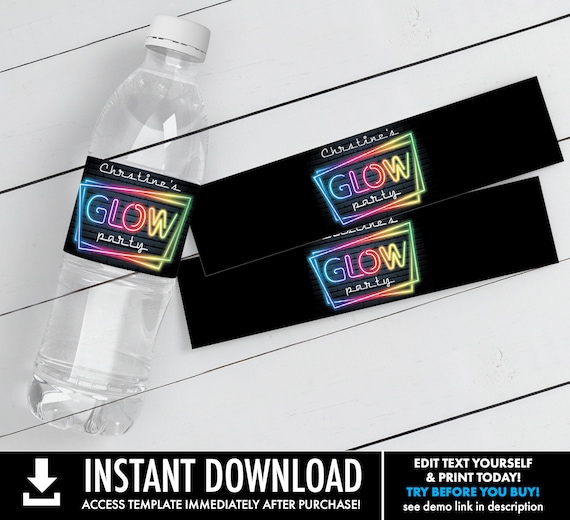 Neon Glow Party Water Bottle Label/Wrap, Glow Birthday Party, Drink ...