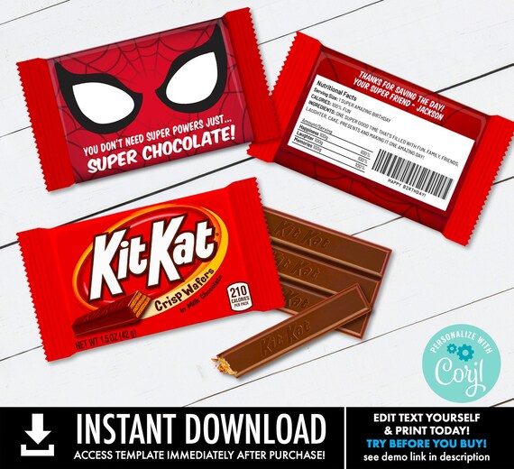 Spiderman Kit Kat Bar Wrap/Label,Superhero Birthday Party favor,Kit Kat ...