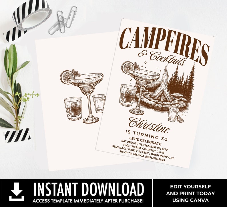 Campfires & Cocktails Birthday Invitation, Bonfires and Booze Invite ...