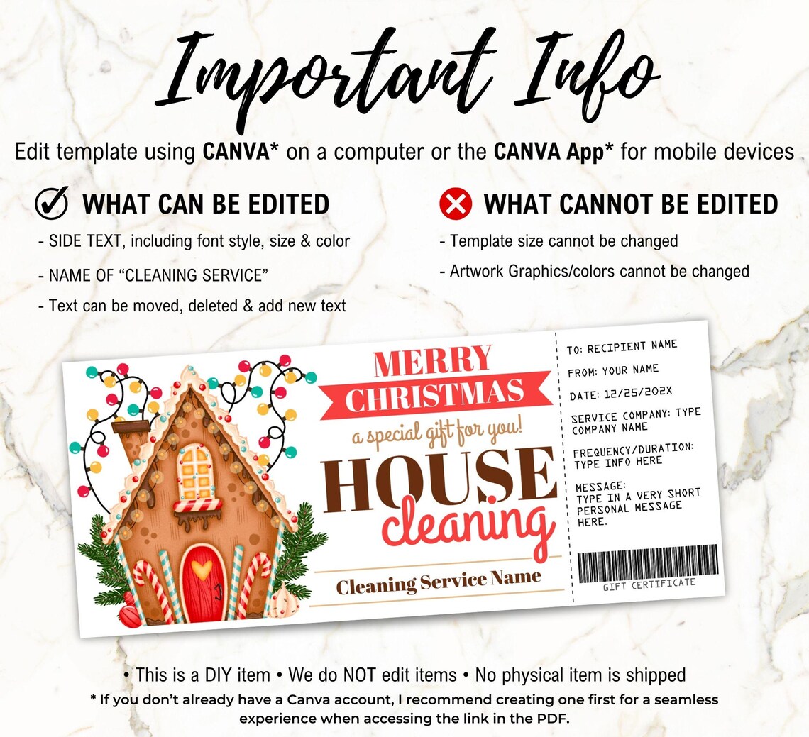 House Cleaning Christmas Gift Certificate, Maid Service, Gingerbread ...